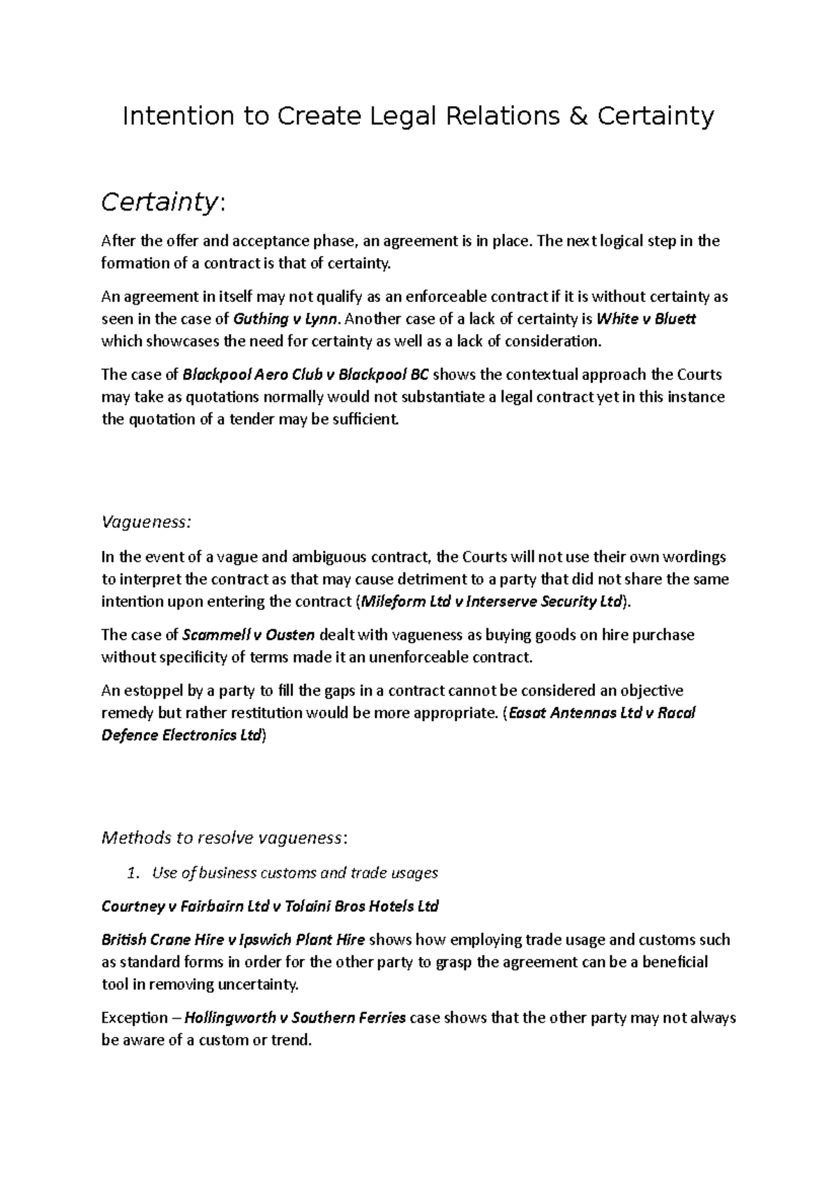 Certainty+intention to create legal relations Notes - Intention to ...