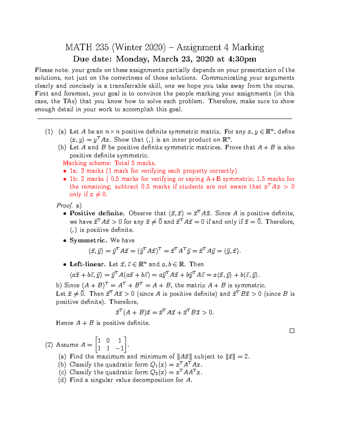 MATH 235 Assignment 4 Marking - MATH 235 (Winter 2020) – Assignment 4 ...