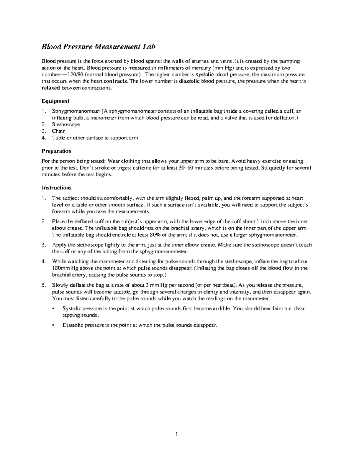 BP Lab - I had to answer all questions on it. - Blood Pressure ...