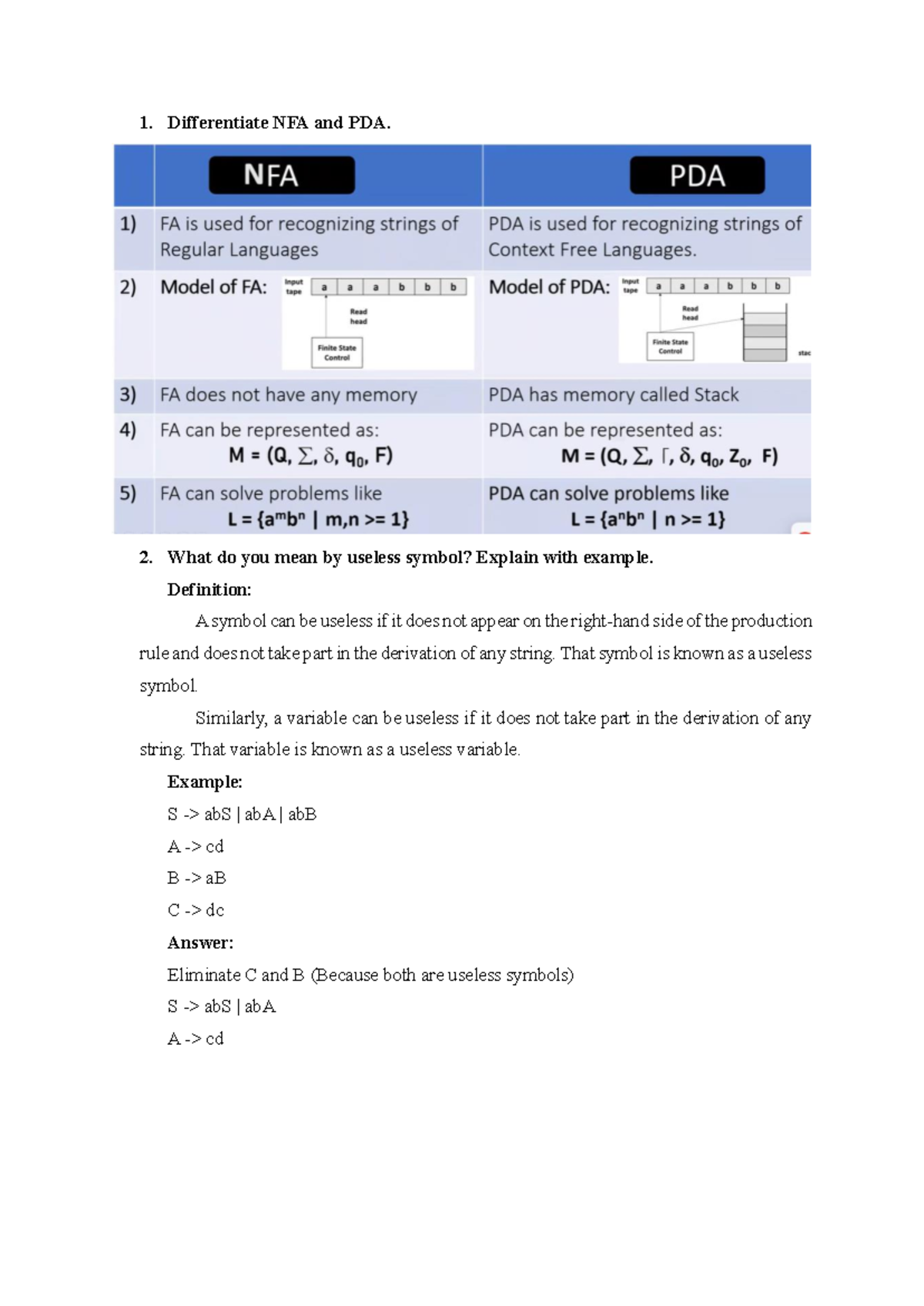Two marks int2 - Differentiate NFA and PDA. What do you mean by useless symbol? Explain with ...