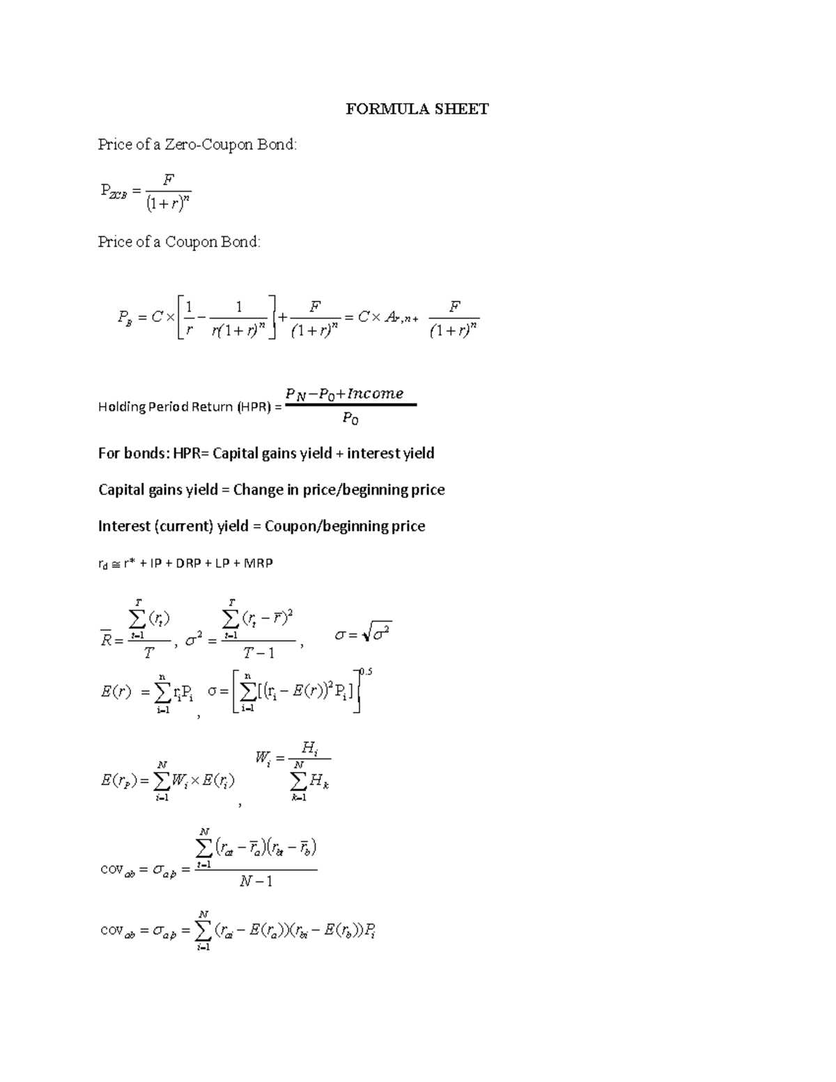 Formulas Sheet Quiz2 - FORMULA SHEET Price of a Zero-Coupon Bond: ZCB n ...