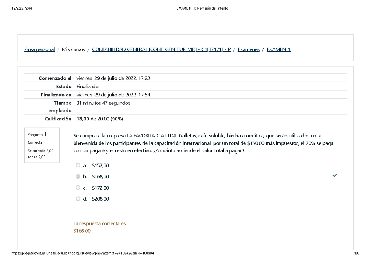 Examen 1 Revisión del intento - Área personal / Mis cursos ...