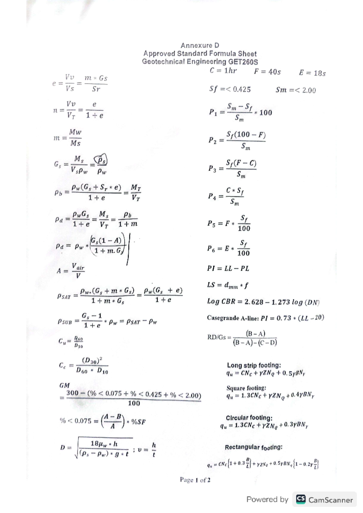 Formula Sheet - GET201S - G Sf 100 A Vair PI LL PL LS dmm f PSAT Log ...