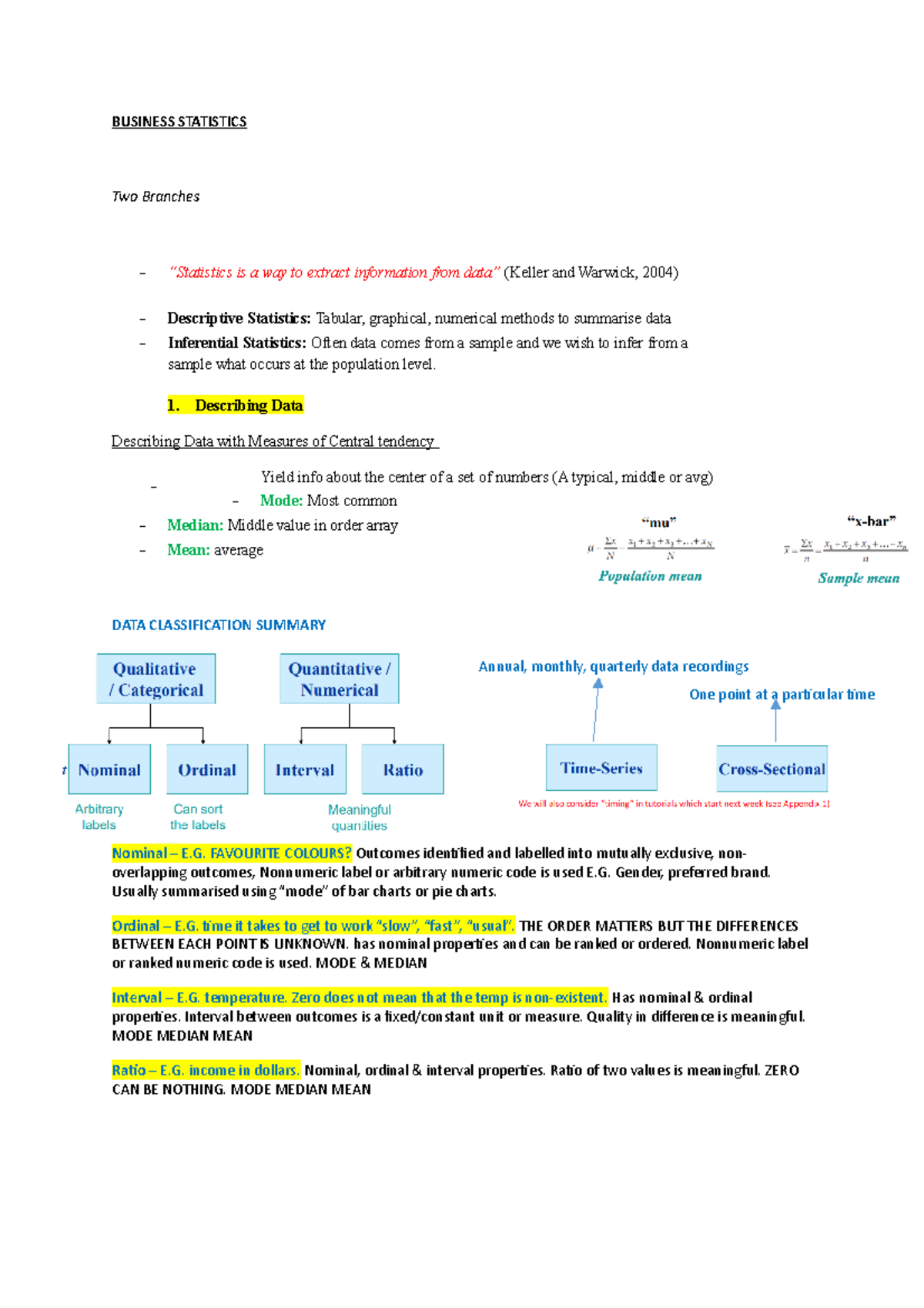 BS LEC Notes - BUSINESS STATISTICS Two Branches - “Statistics is a way ...