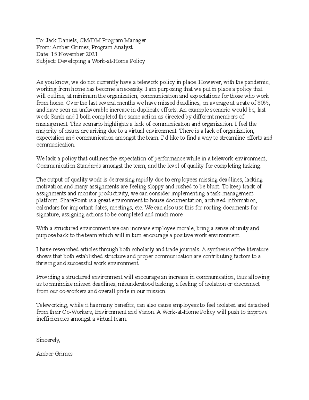 Writing Assignment #3 Research Report _Telework Policy - To: Jack ...