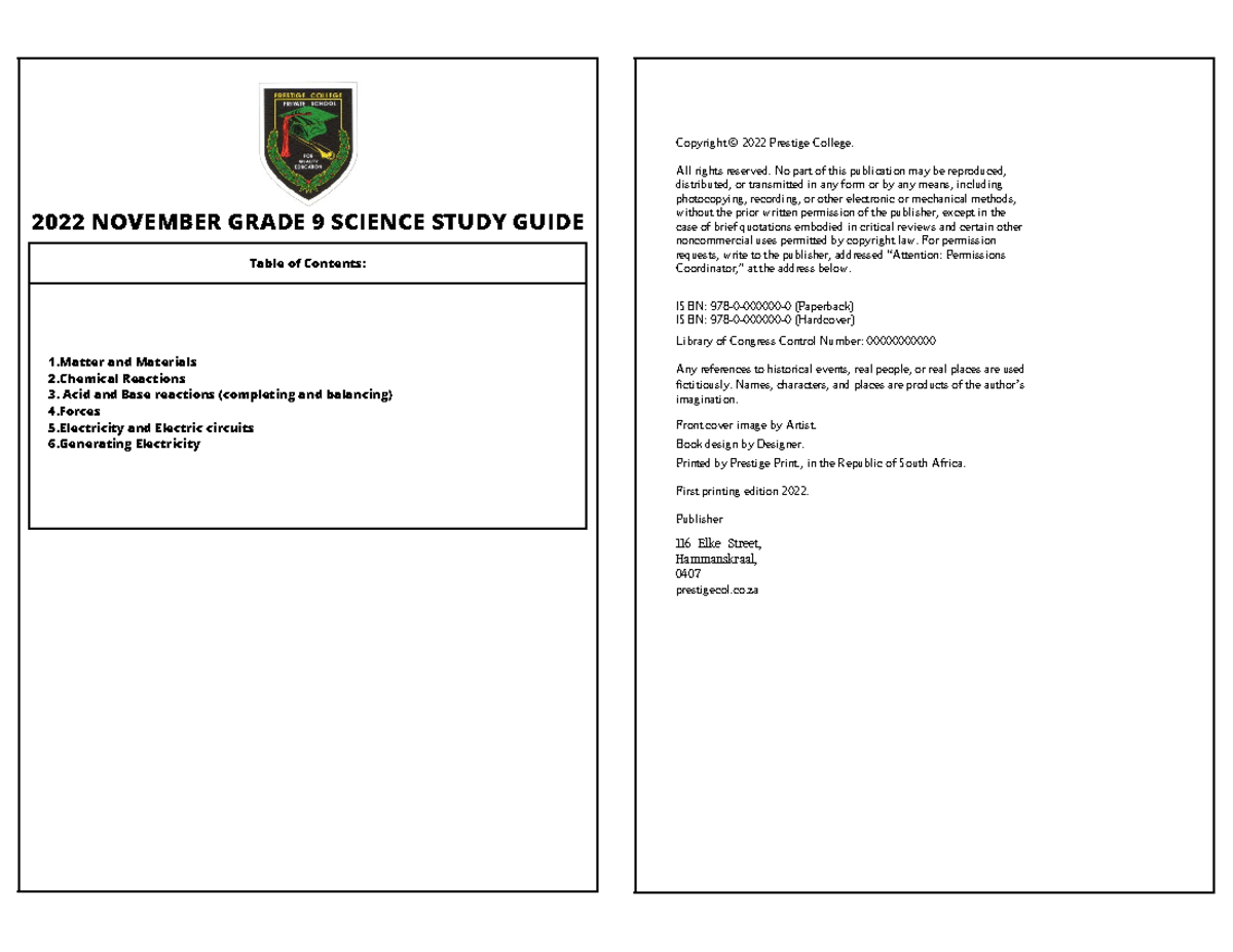 2022 - Grade 9 Notes - Table of Contents: 1 and Materials 2 Reactions 3 ...