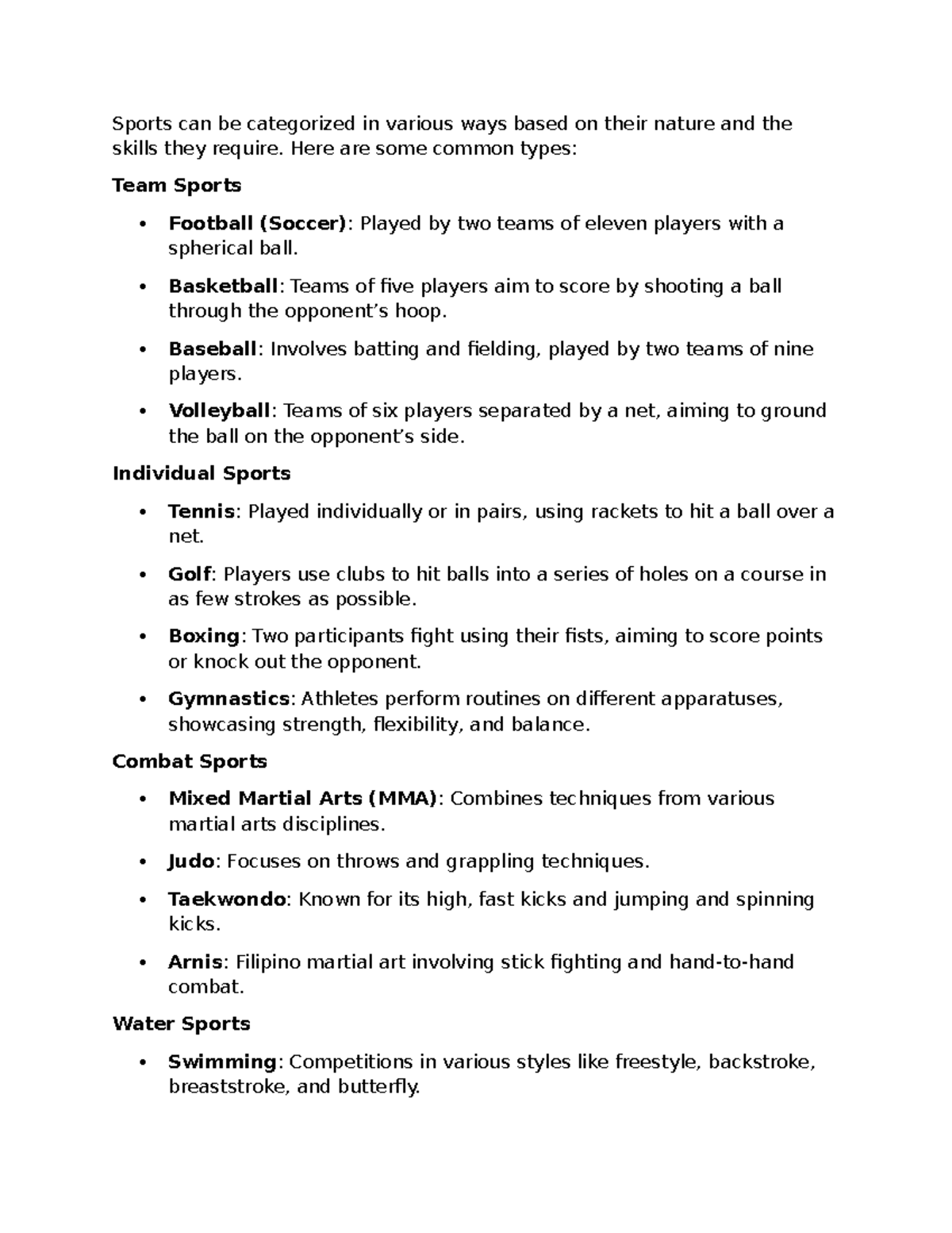 Types of Sports - additional information - Sports can be categorized in ...