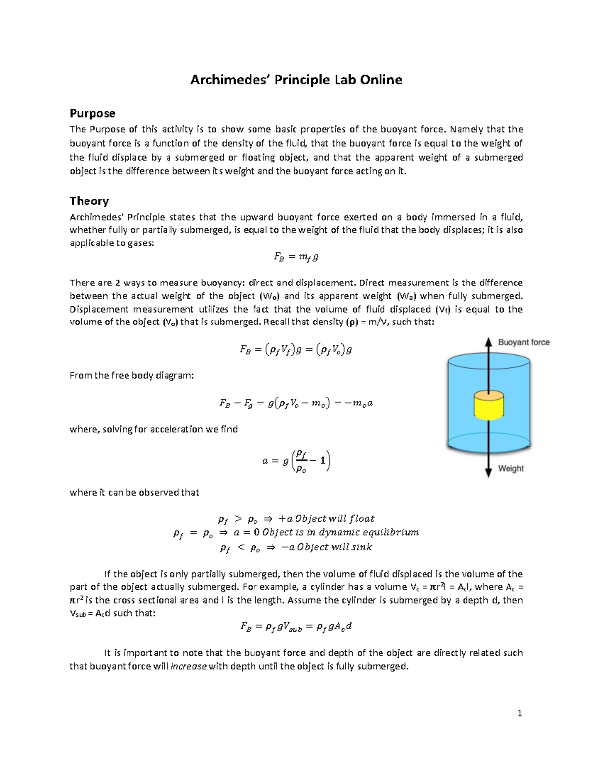 Archimedes' Principle Lab - Namely that the buoyant force is a function ...