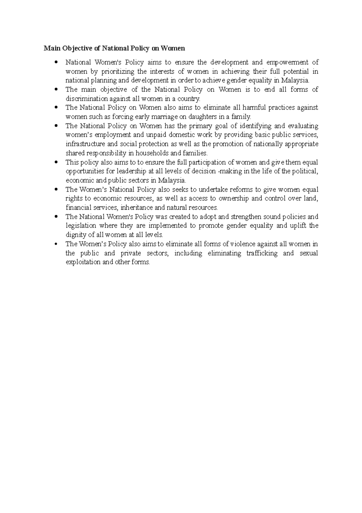 Point - Main Objective of National Policy on Women - PAD - UiTM - Studocu