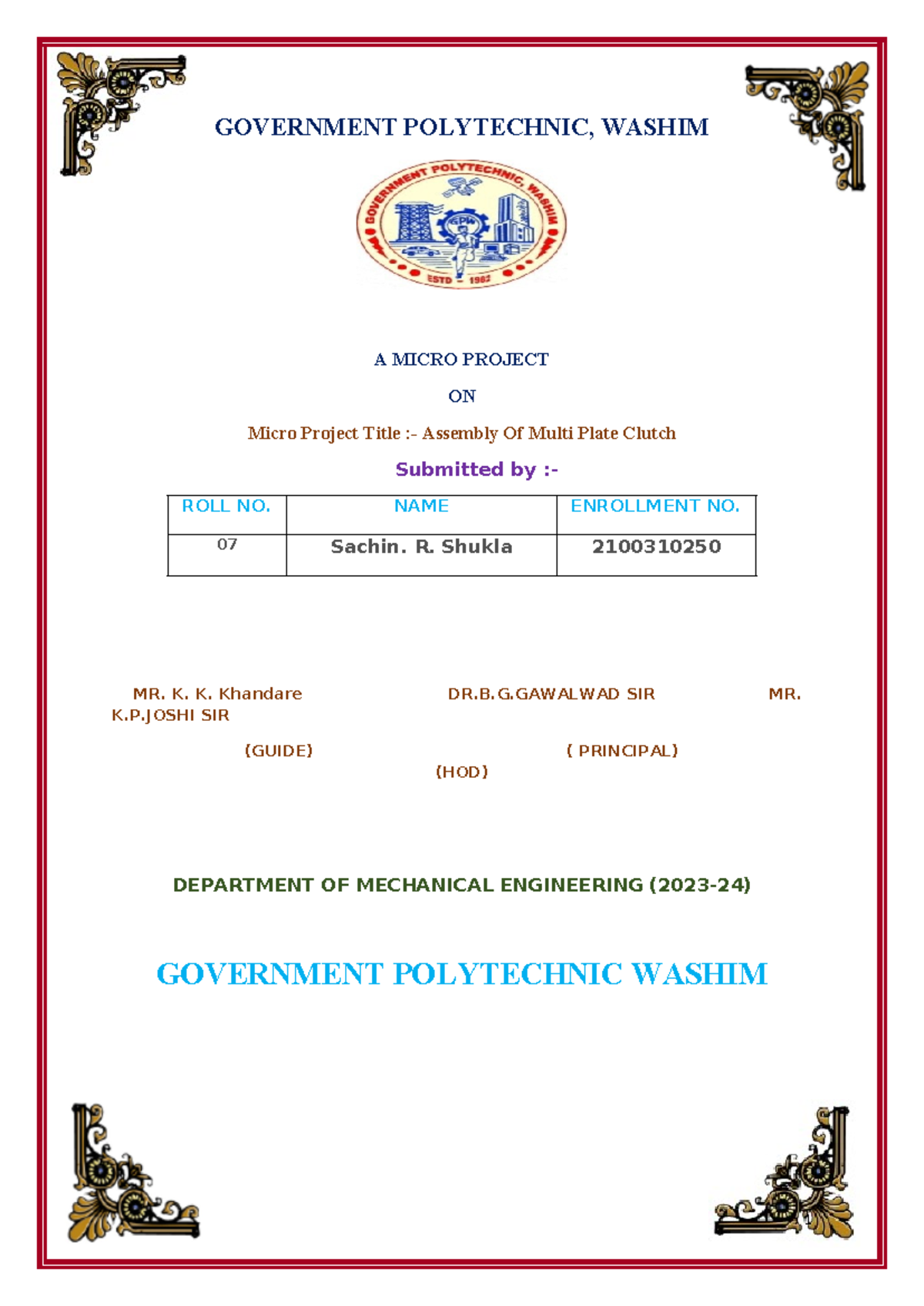 Aen micro project - GOVERNMENT POLYTECHNIC, WASHIM A MICRO PROJECT ON Micro Project Title ...