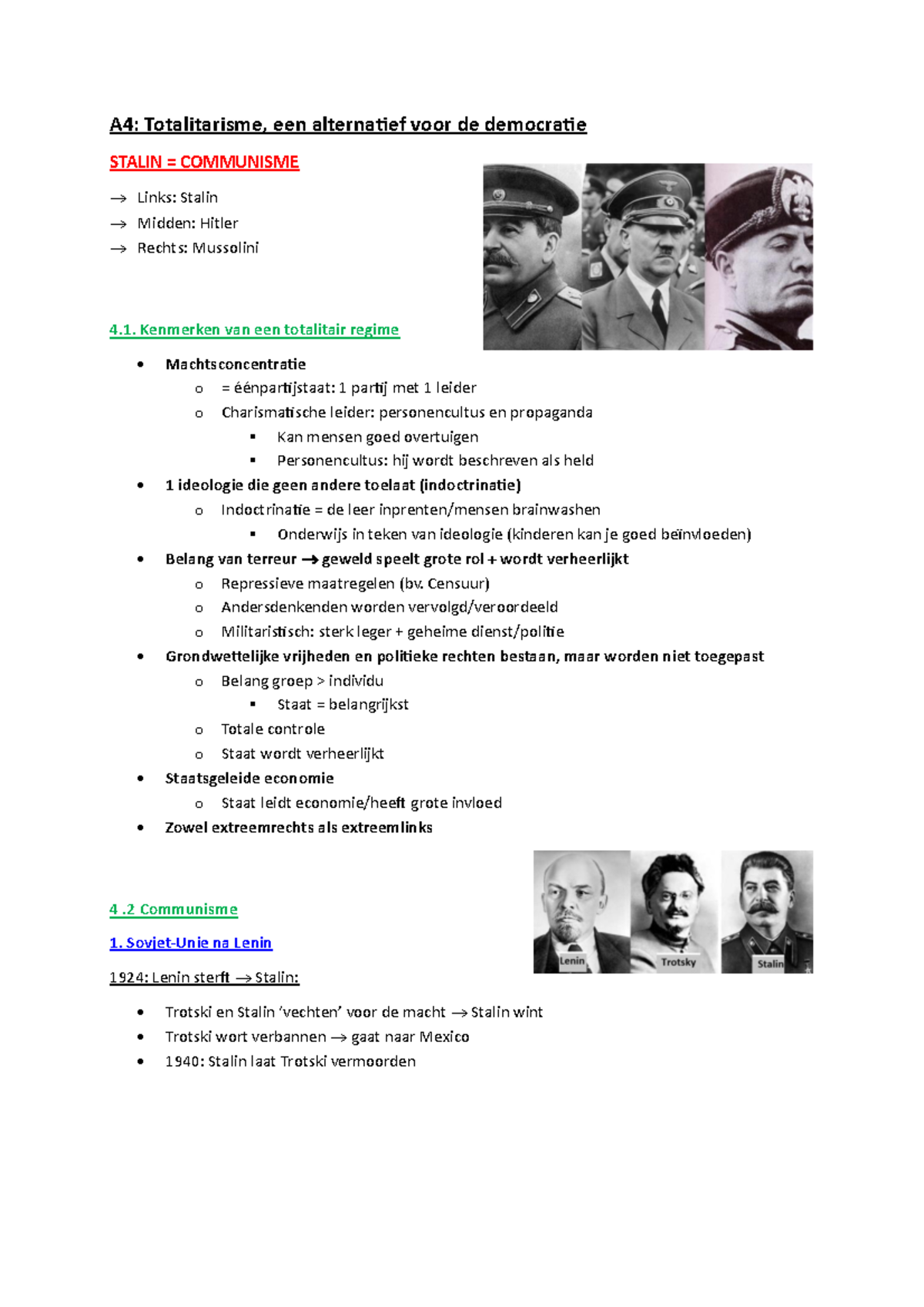 Totalarisme Stalin, Hitler, Mousselini geschiedenis 6de jaar ASO - A4 ...