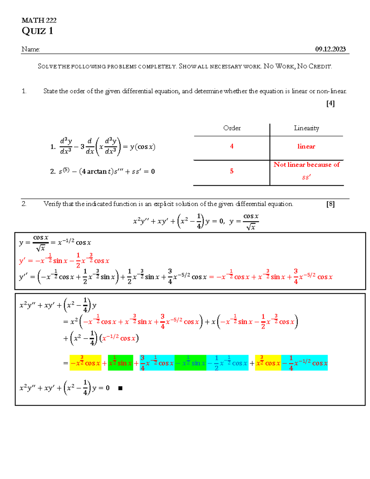MATH 222 - Quiz 1 - Introduction to DE and Slope Fields - Answers.student - MATH 222 QUIZ 1 Name ...