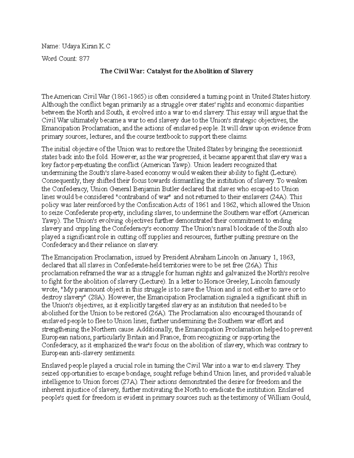 KC 1310 Module 5 Essay - Causes of civil war - Name: Udaya Kiran K Word ...