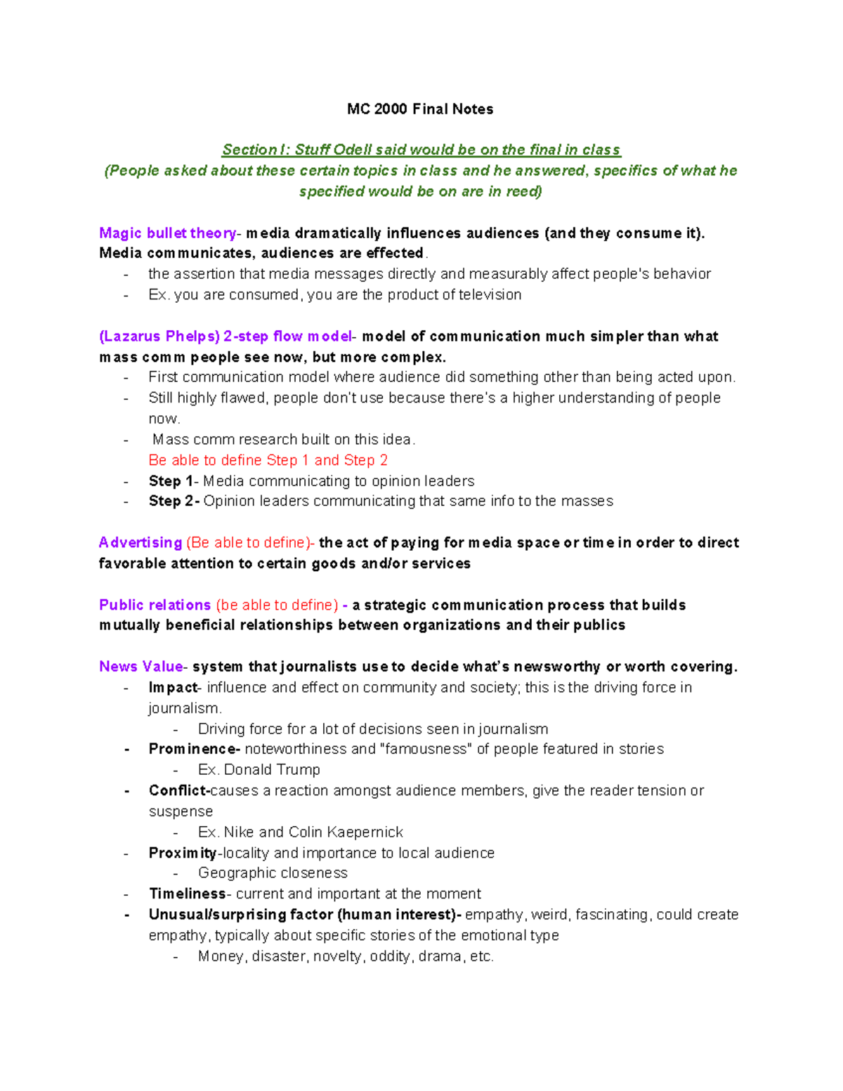 MC 2000 Final Notes-1 - MC 2000 Final Notes Section I: Stuff Odell said ...