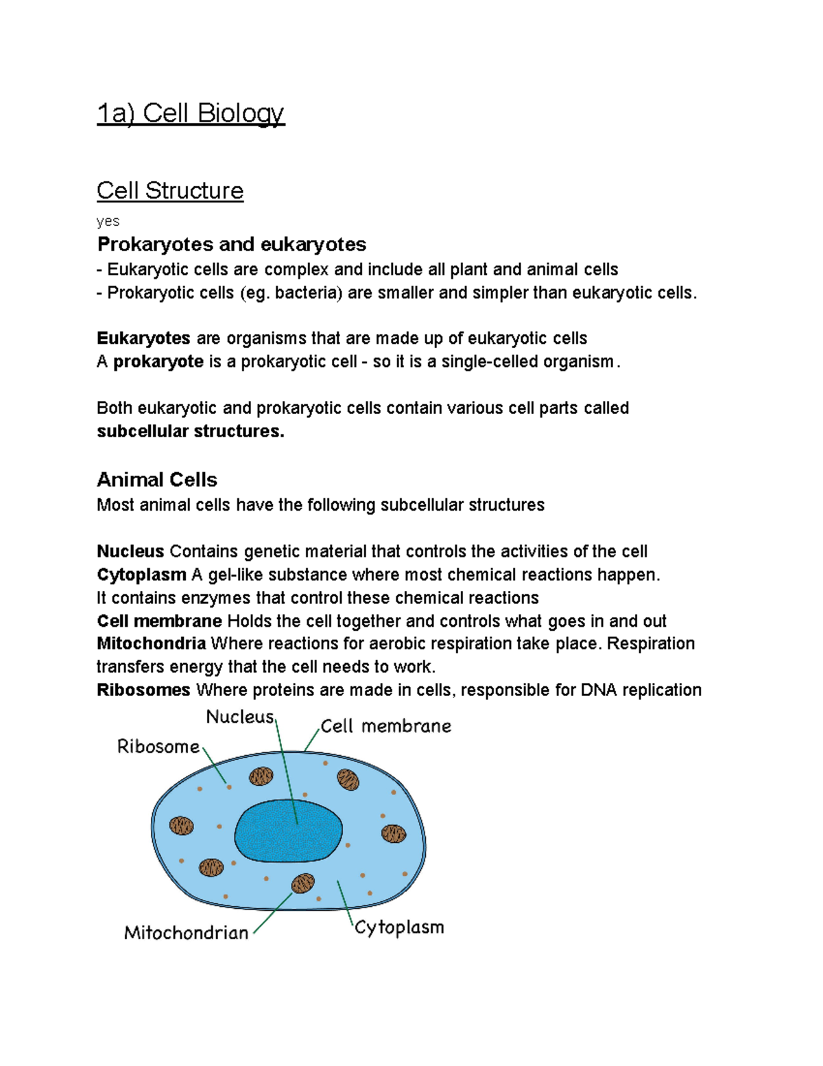 GCSE Biology - 1a) Cell Biology - 1a) Cell Biology Cell Structure yes ...