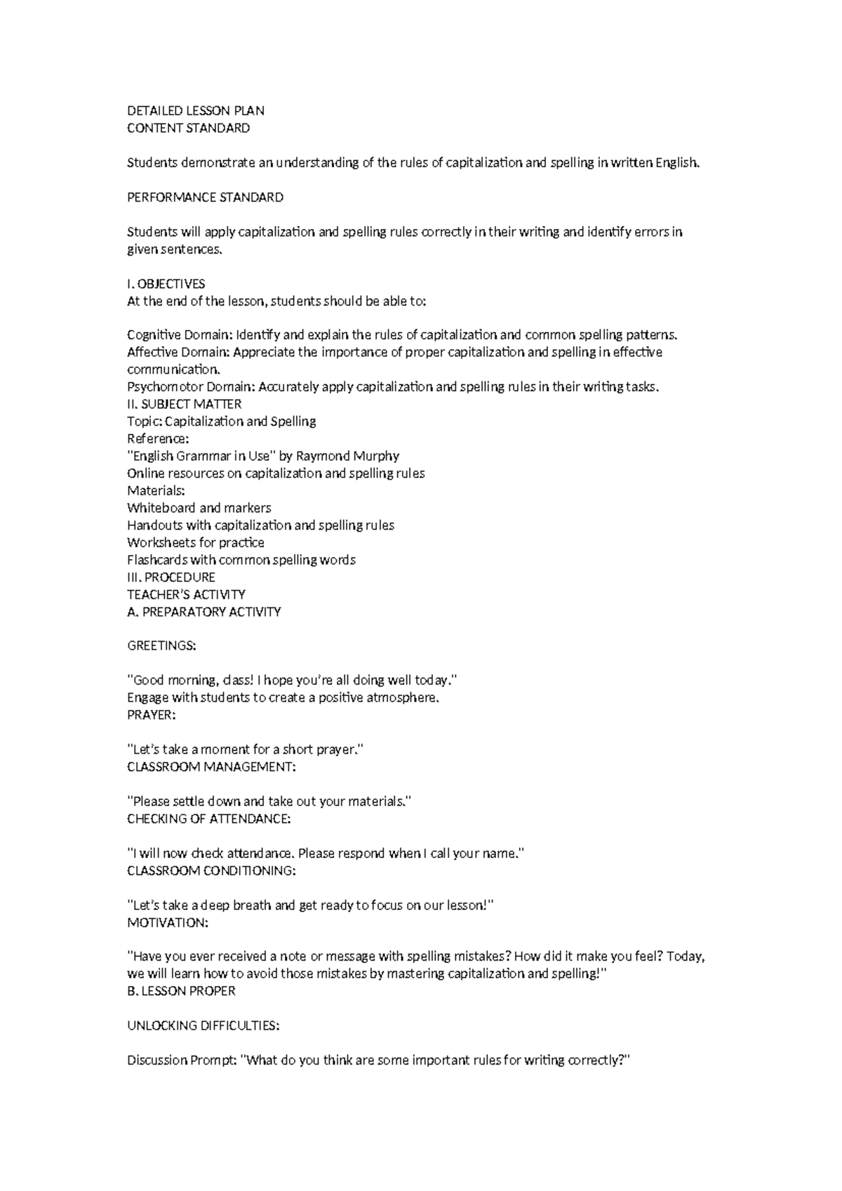 Capitalization - Good - DETAILED LESSON PLAN CONTENT STANDARD Students ...