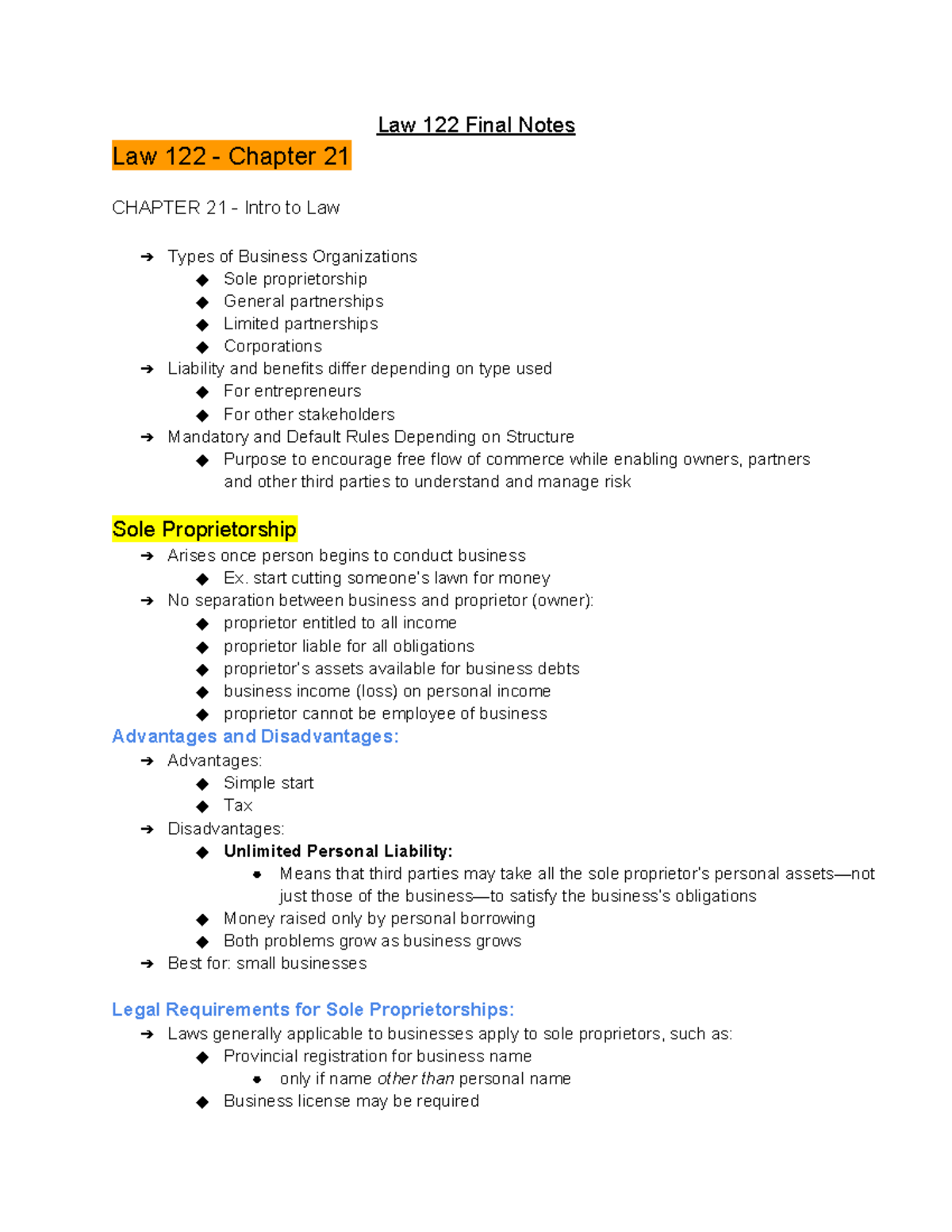 Law 122 Final Notes - Law 122 Final Notes Law 122 - Chapter 21 CHAPTER ...