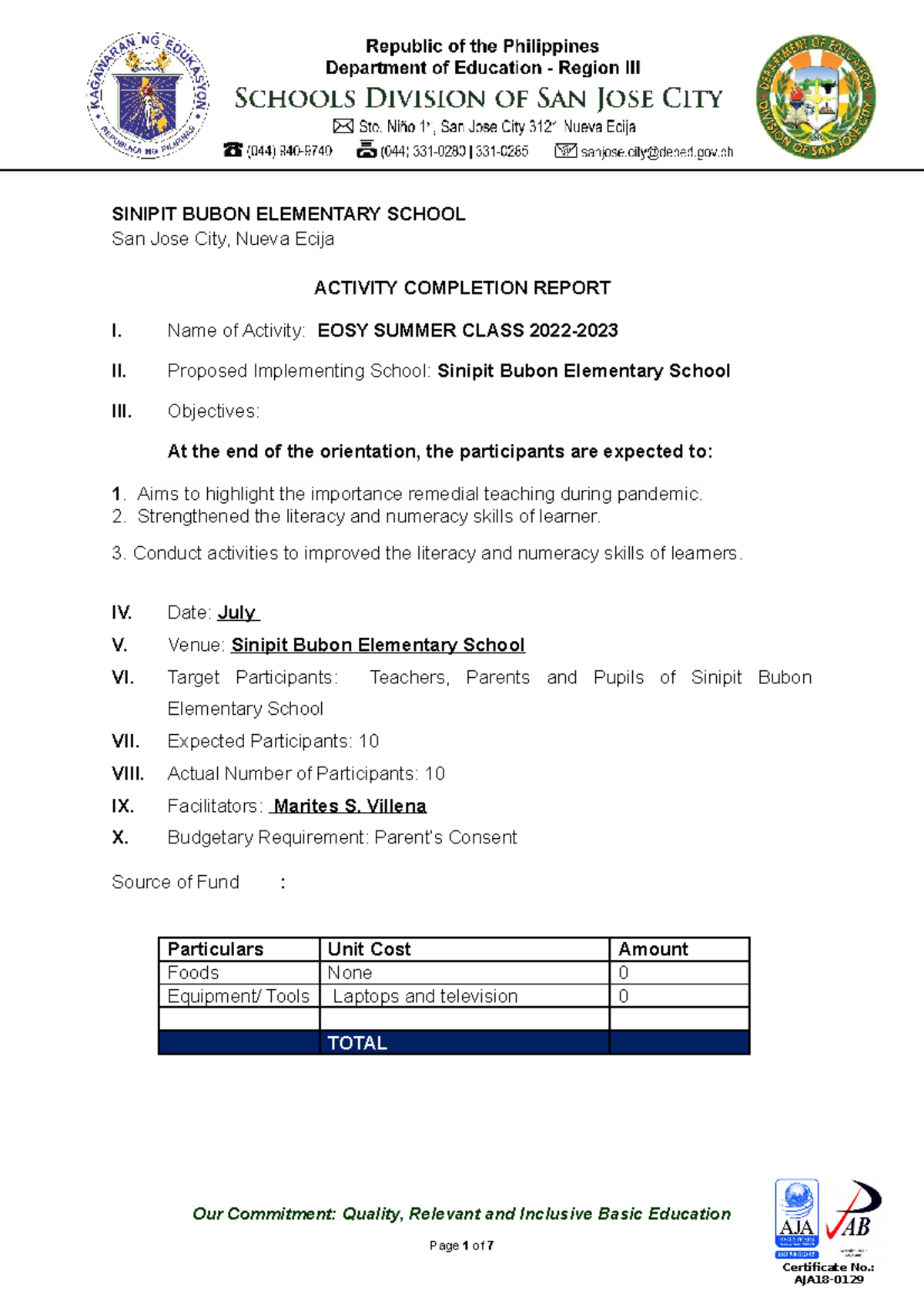 Nutrition Month ACR Sinipitbubon ES - Certificate No.: AJA18- SINIPIT ...