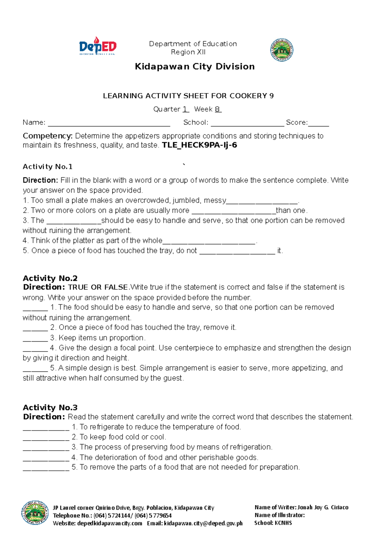 WEEK8 TLE Cookery G9 1Q - MODULE - Name of Writer: Jonah Joy G. Ciriaco ...