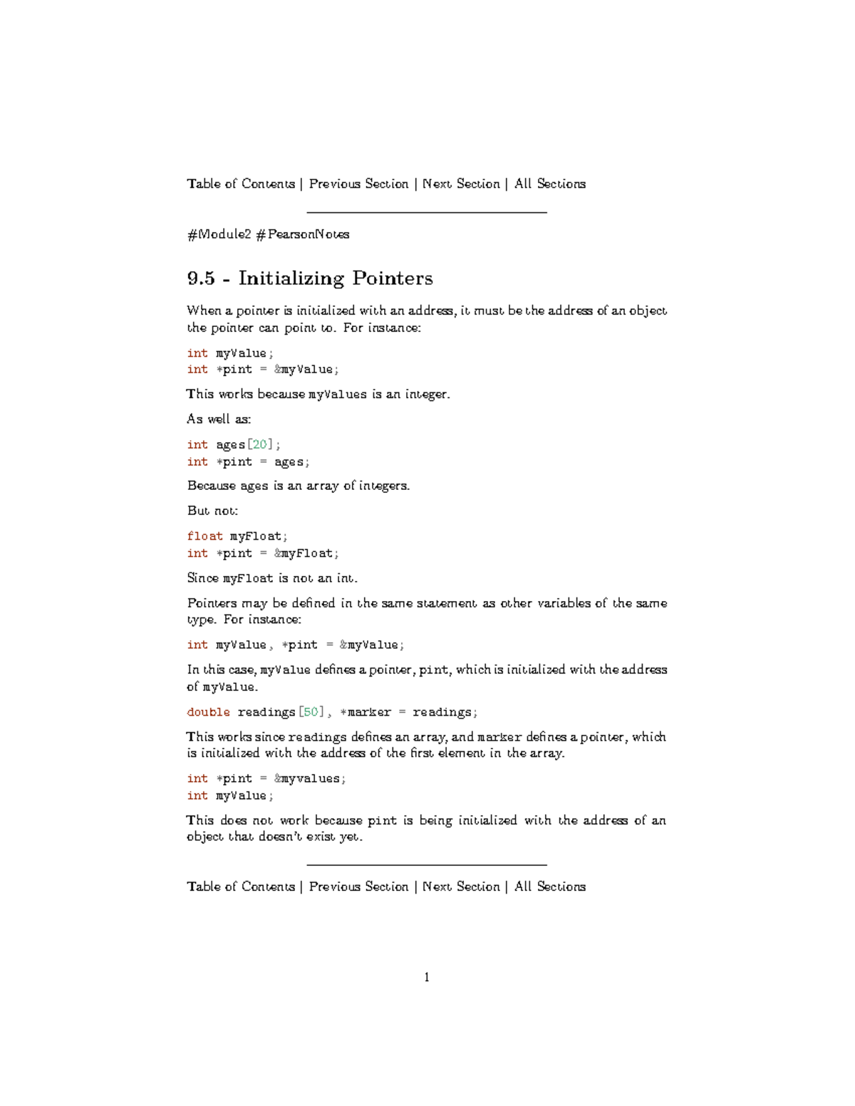 9.5 - Initializing Pointers - Table of Contents | Previous Section | Next Section | All Sections ...