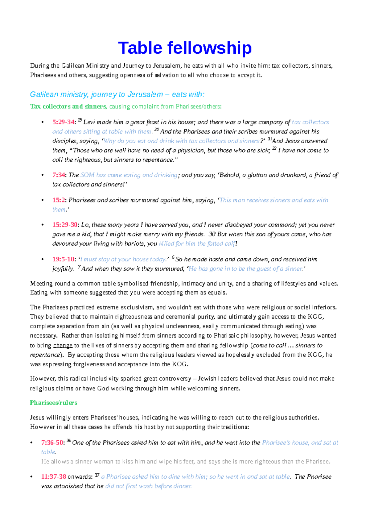 Luke Themes texts - Table fellowship During the Galilean Ministry and ...