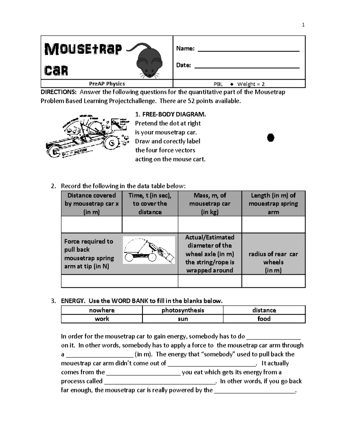 Mousetrap car math part 2018 - Mousetrap car Name ...