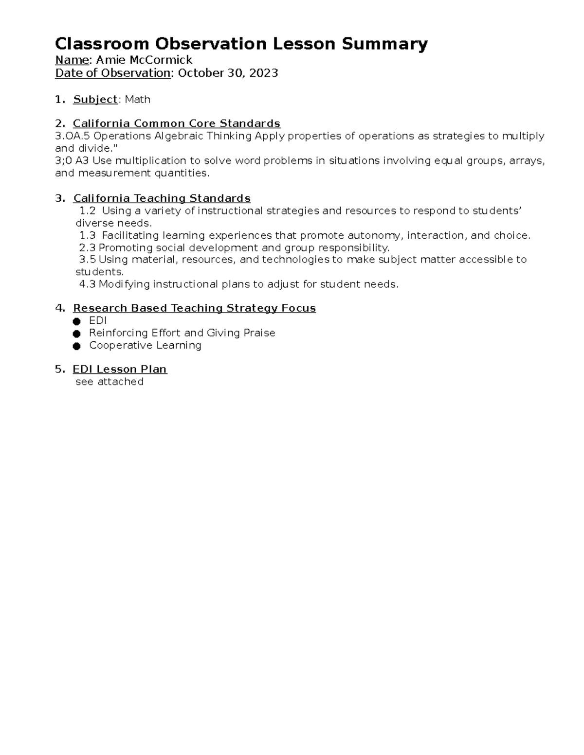 Observation Math sample lesson plans - Classroom Observation Lesson ...