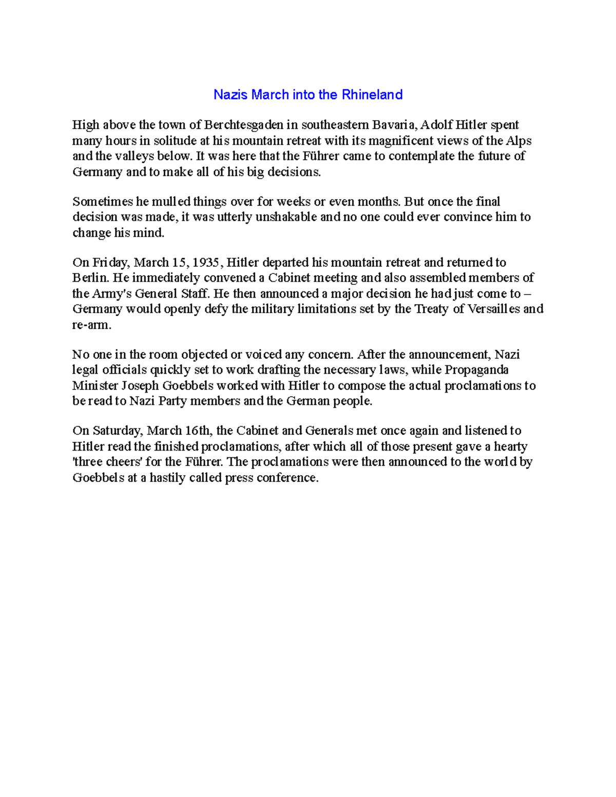 Nazis March into the Rhineland - It was here that the Führer came to ...