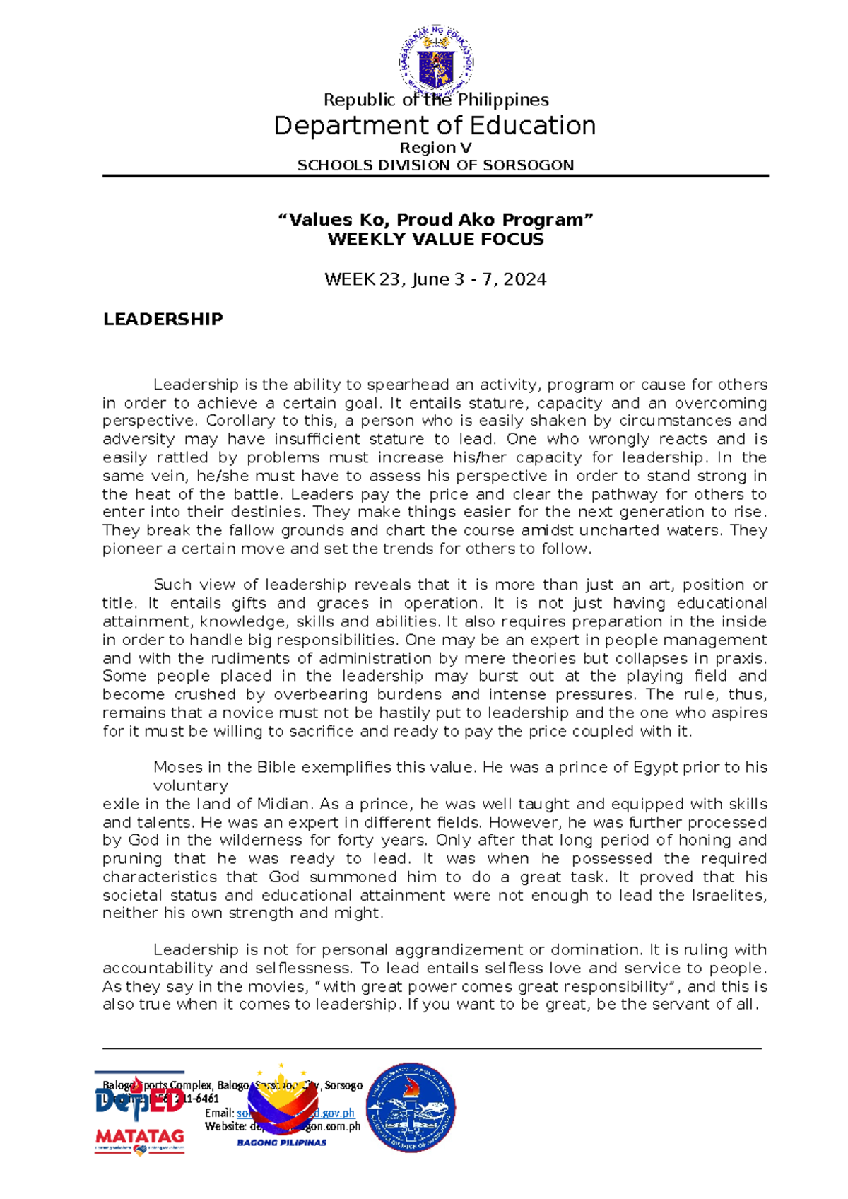 Value Focus of the Week Leadership - Republic of the Philippines ...