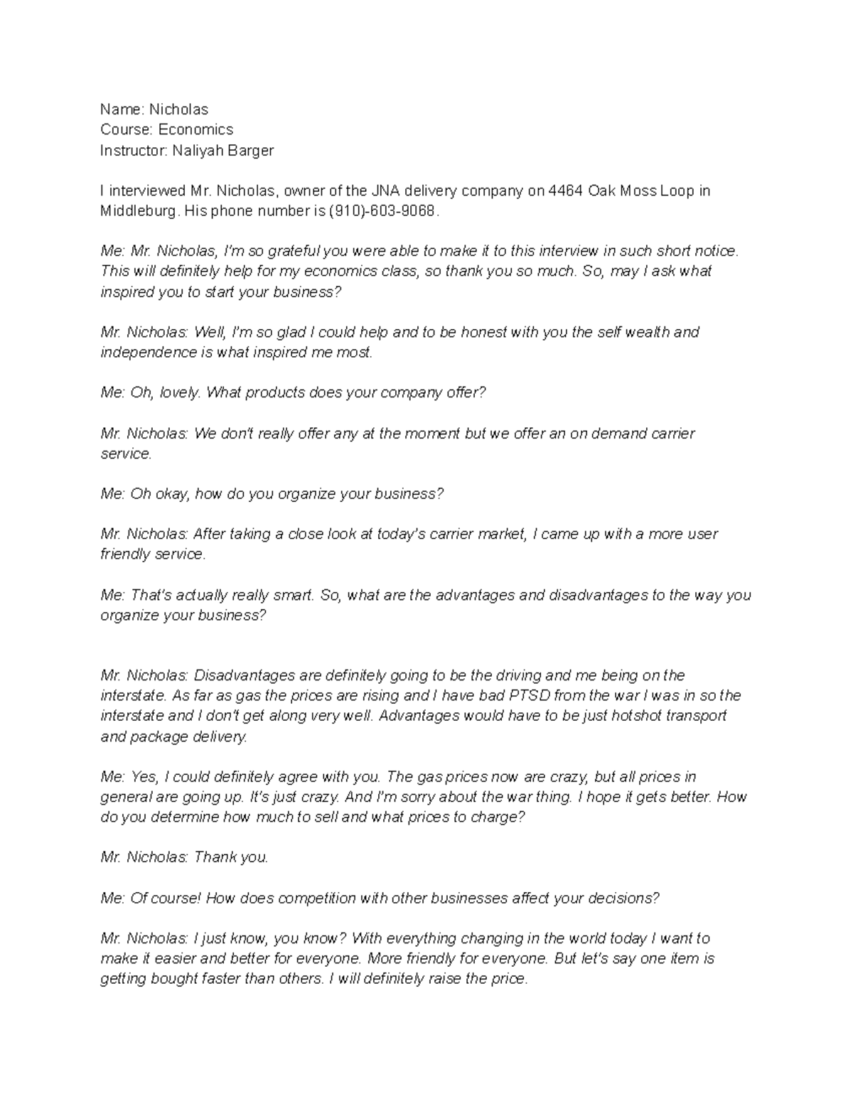 02.05 Maximizing Profit—Honors - Name: Nicholas Course: Economics ...