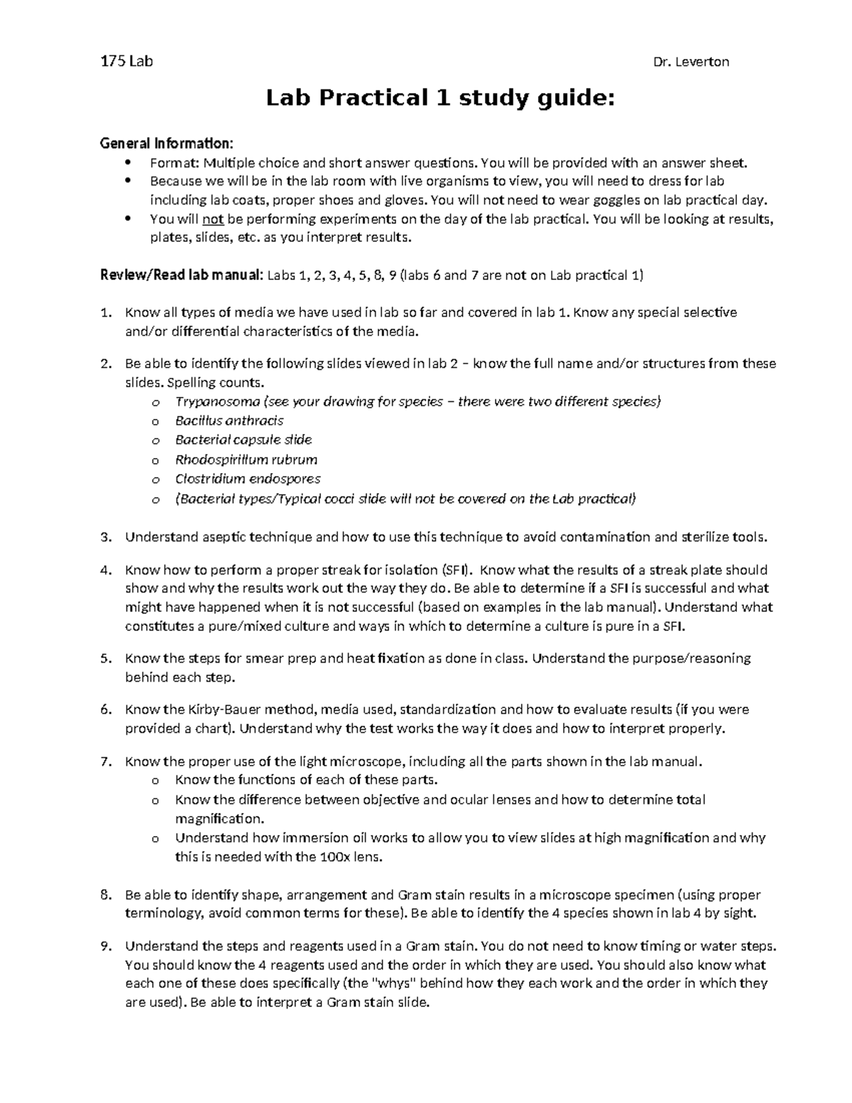 Lab Pract 1 study guide f24 - 175 Lab Dr. Leverton Lab Practical 1 ...