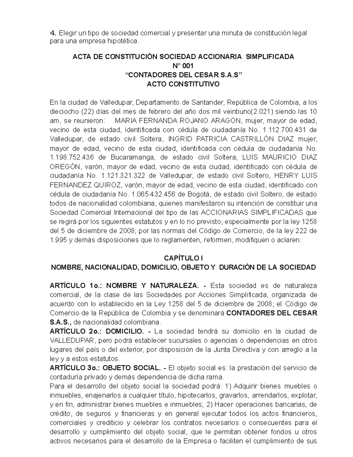 Acta de Constitucion Sociedad Accionaria Simplificada - Elegir un tipo de sociedad comercial y ...