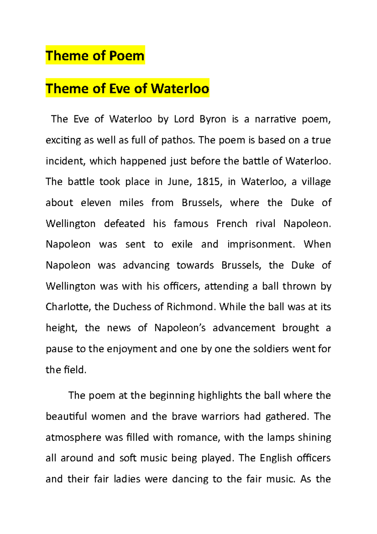 Theme of Eve of Waterloo- Lord Byron - Theme of Poem Theme of Eve of ...
