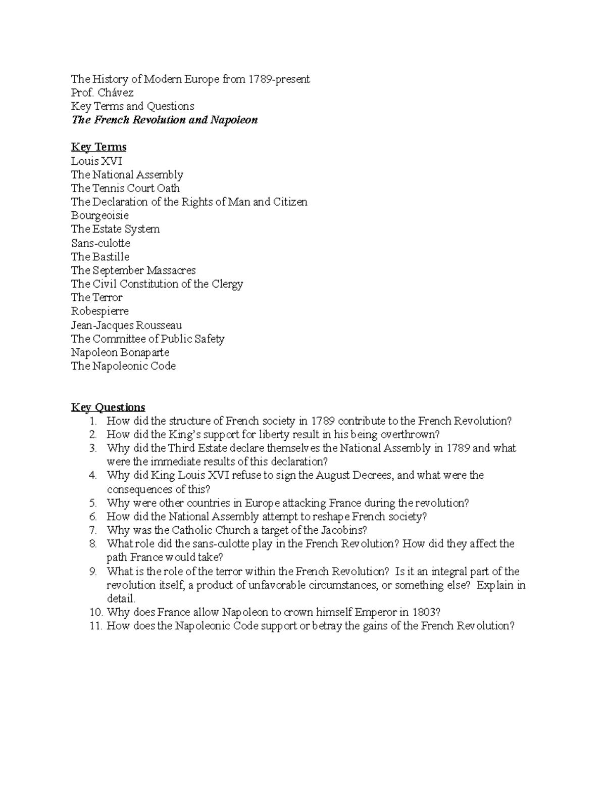 Key Terms and Questions French Revolution - The History of Modern ...