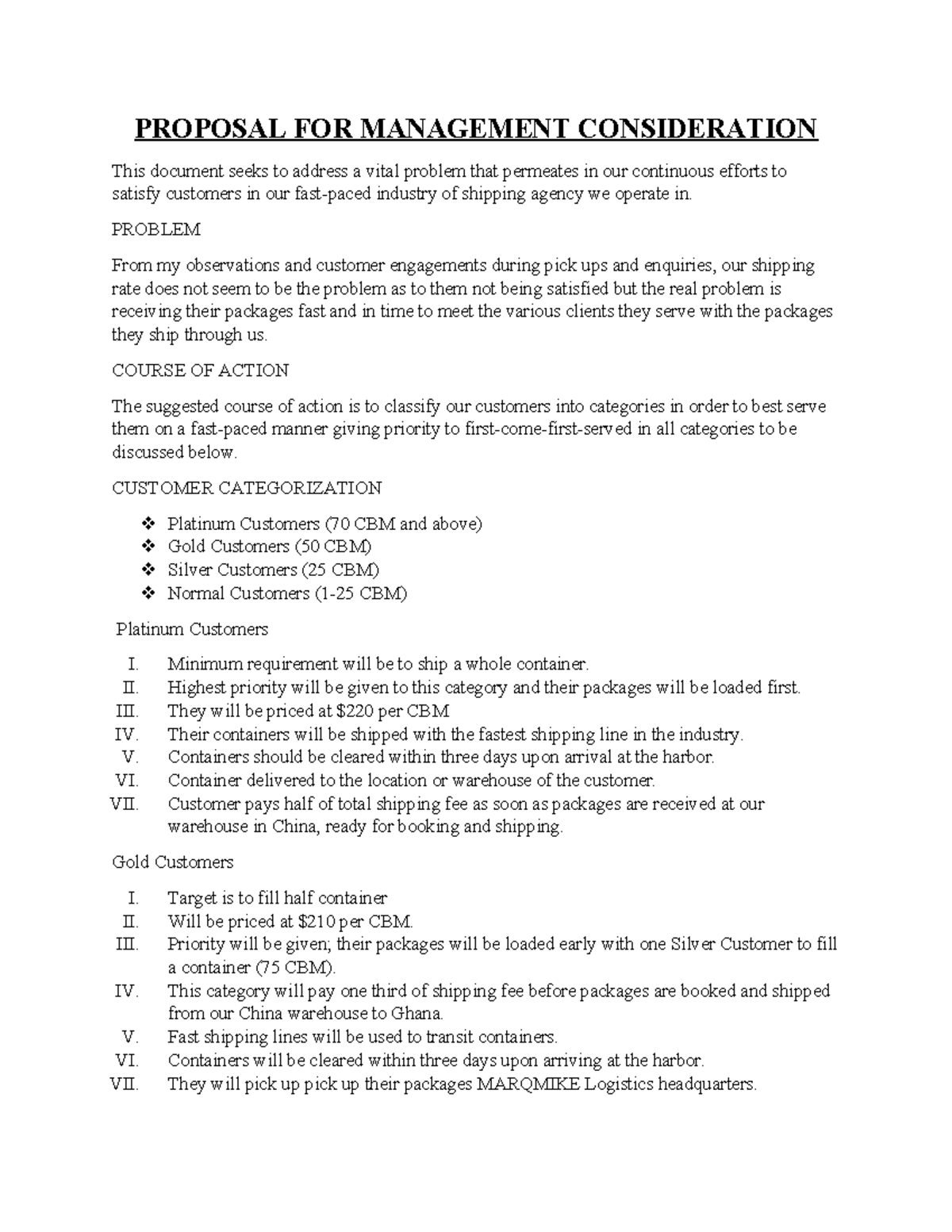 Proposal for management - PROPOSAL FOR MANAGEMENT CONSIDERATION This ...