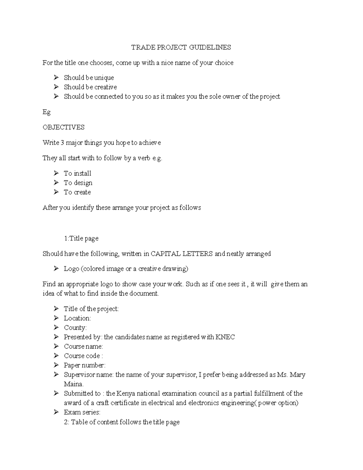 Trade Project Guidelines - TRADE PROJECT GUIDELINES For the title one ...