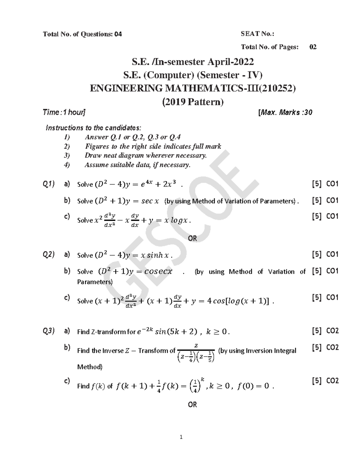 SE sem 4th Insem question paper all subject - Total No. of Questions: 04 SEAT No.: Total No. of ...