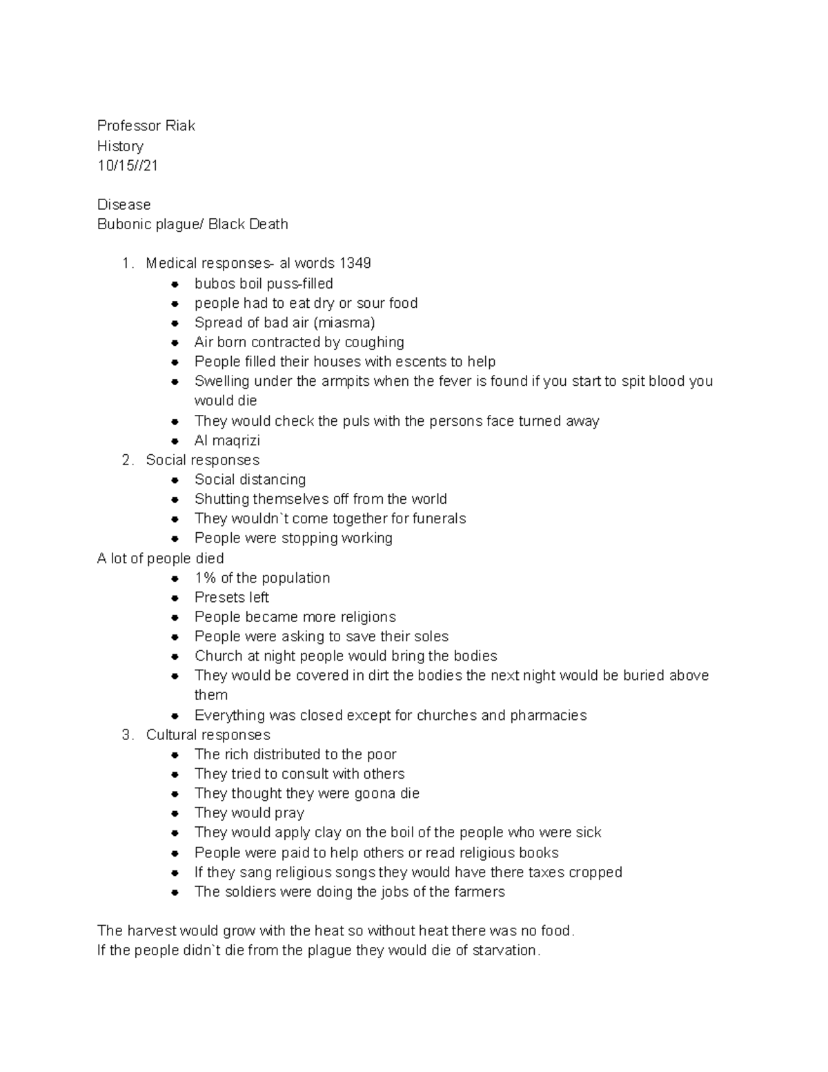 History - Professor Riak - Professor Riak History 10/15// Disease ...