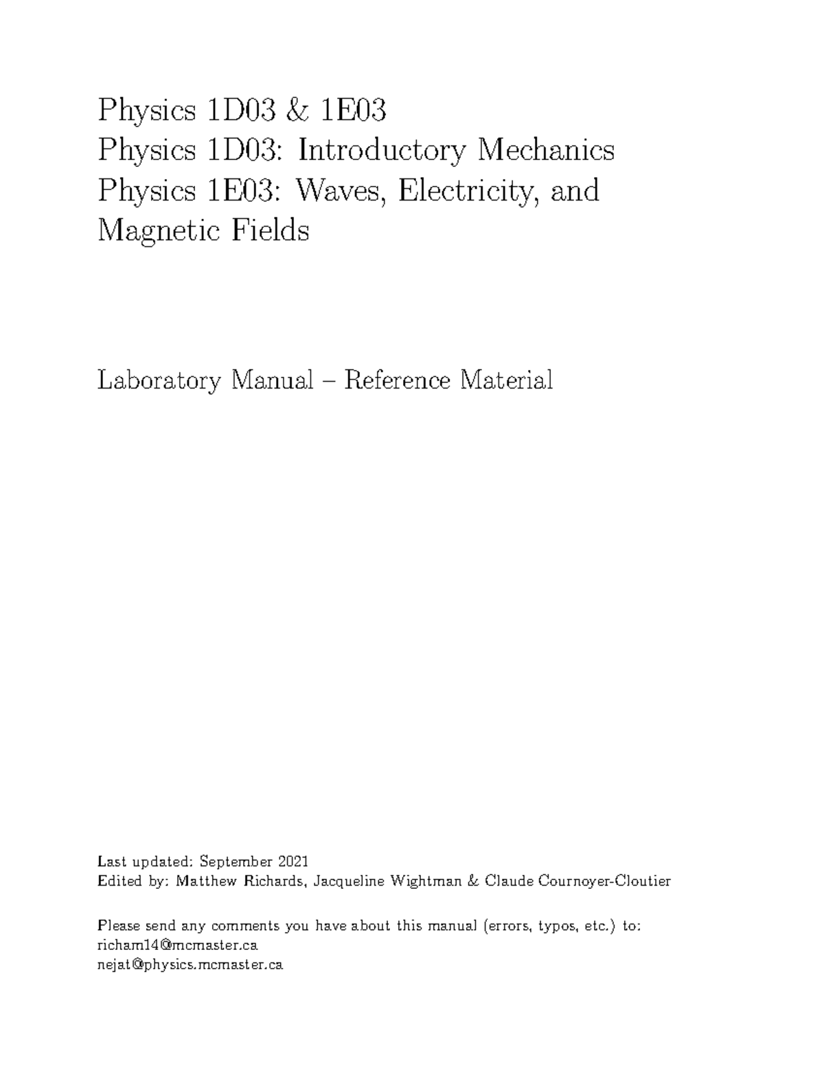 Engineer Reference Material final - Physics 1D03 & 1E Physics 1D03 ...