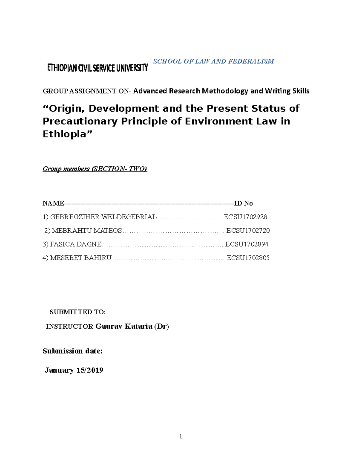 2 - Make the assignment on environment issues - SCHOOL OF LAW AND ...