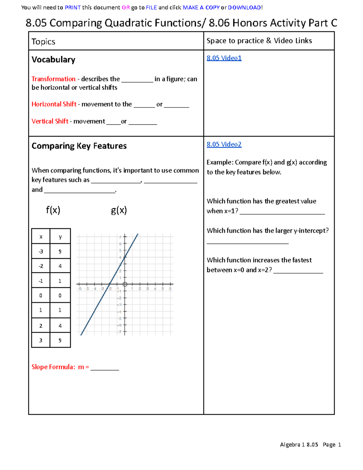 8.05 Guided Notes Flex - frickthepolicd - 8 Comparing Quadratic ...