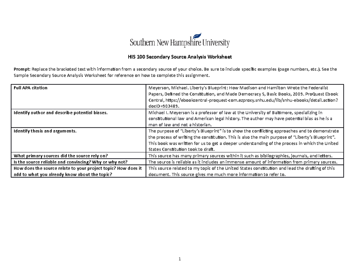 HIS 100 Secondary Source Analysis Worksheet - HIS100 - SNHU - Studocu