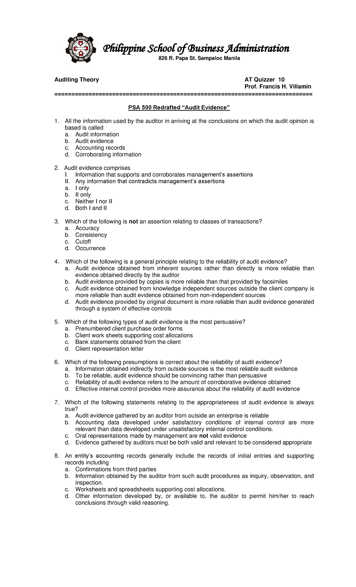AT Quizzer 10- Audit Evidence (October 2022) - 826 R. Papa St. Sampaloc ...