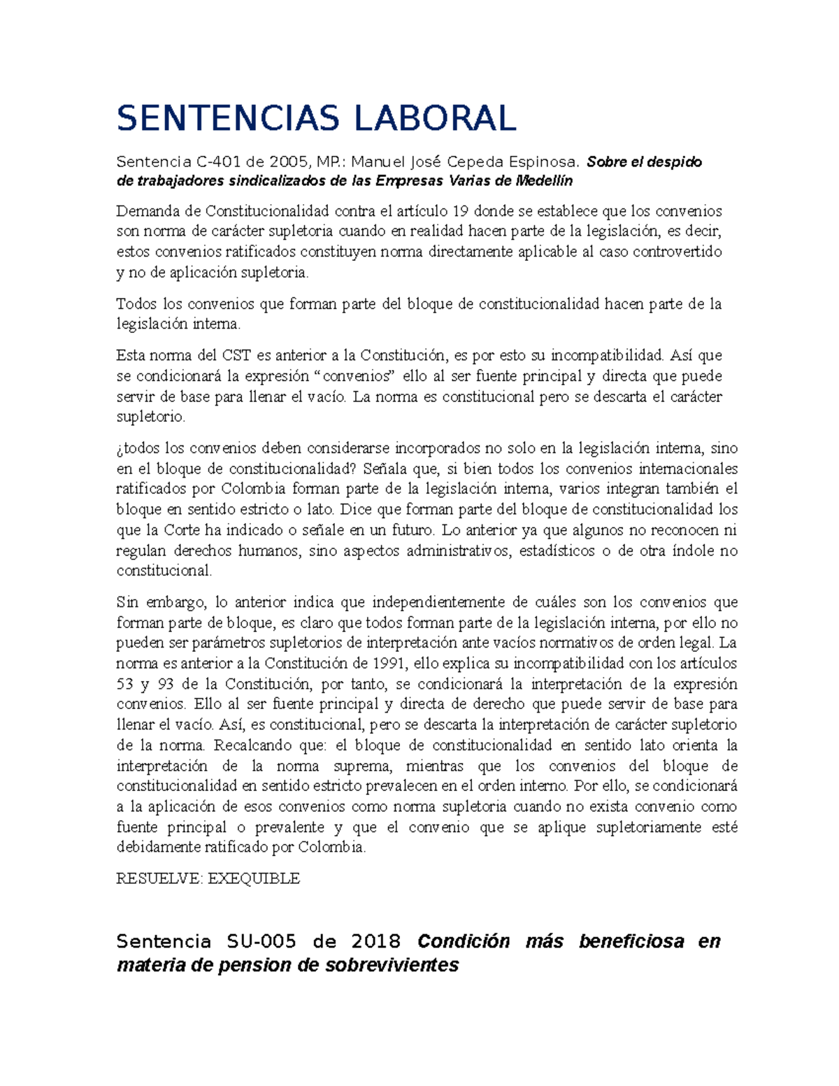 Sentencias Laboral - SENTENCIAS LABORAL Sentencia C-401 de 2005, MP ...