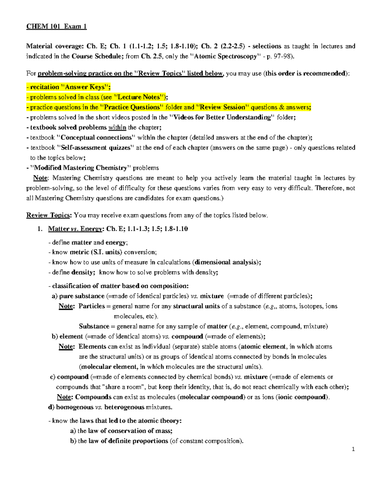 CHEM 101 Exam I Review topics - 1 CHEM 1 01 Exam 1 Material coverage: Ch. E; Ch. 1 (1.1-1; 1 ...