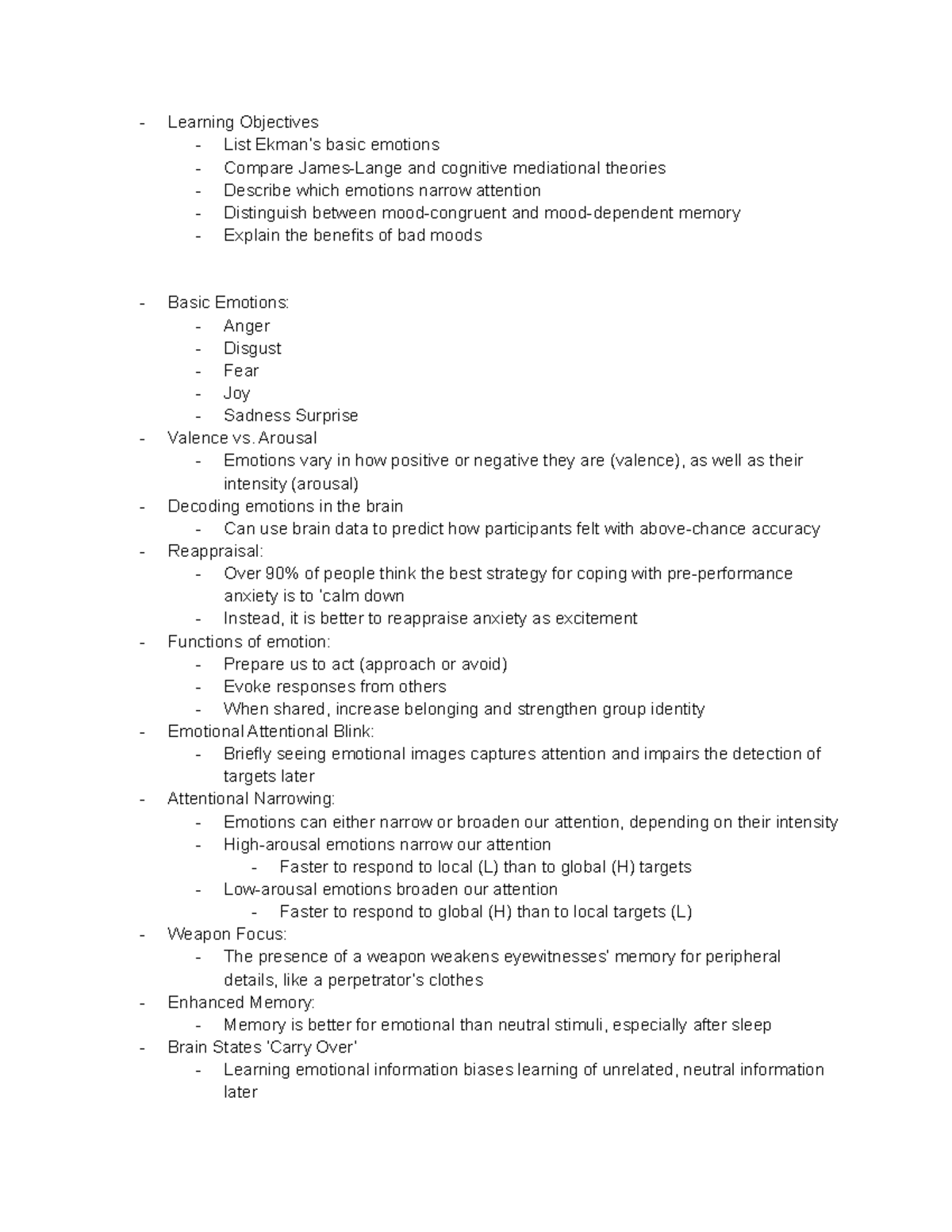 Emotion - Learning Objectives List Ekman’s basic emotions Compare James ...