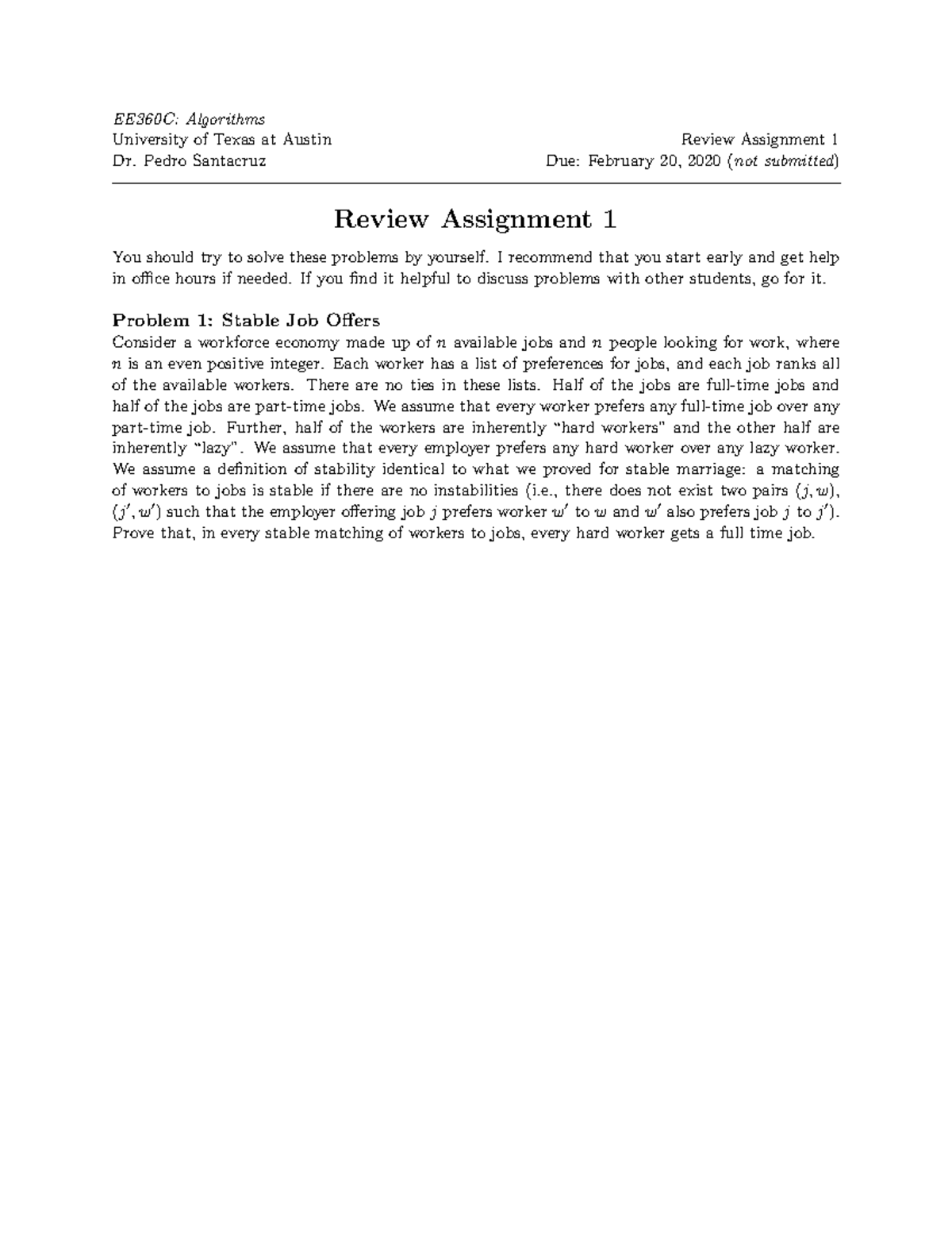 Review Assignment 1 Ee360c Algorithms University Of Texas At Austin Review Assignment 1 Dr