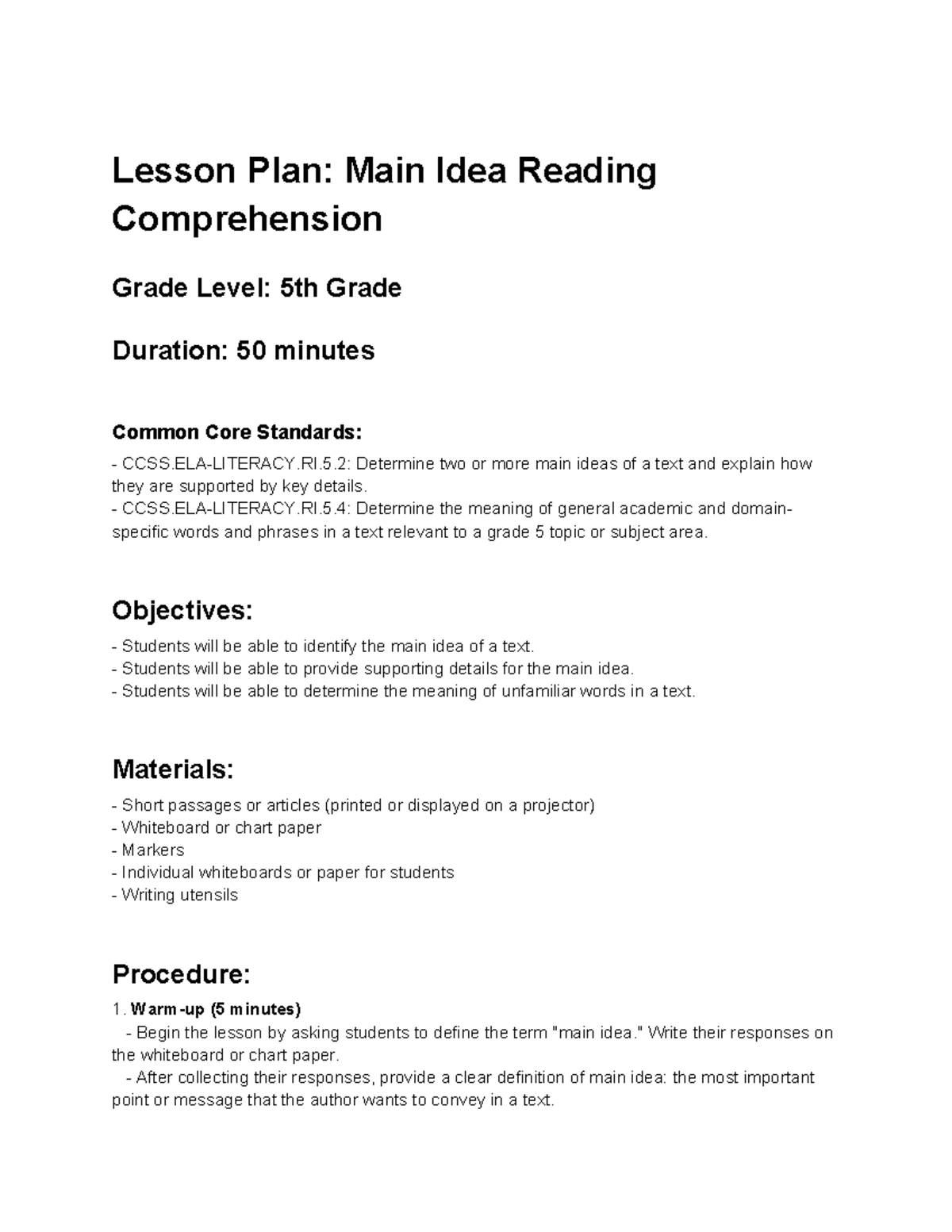 Lesson Plan Main Idea Reading Comprehension - Lesson Plan: Main Idea ...