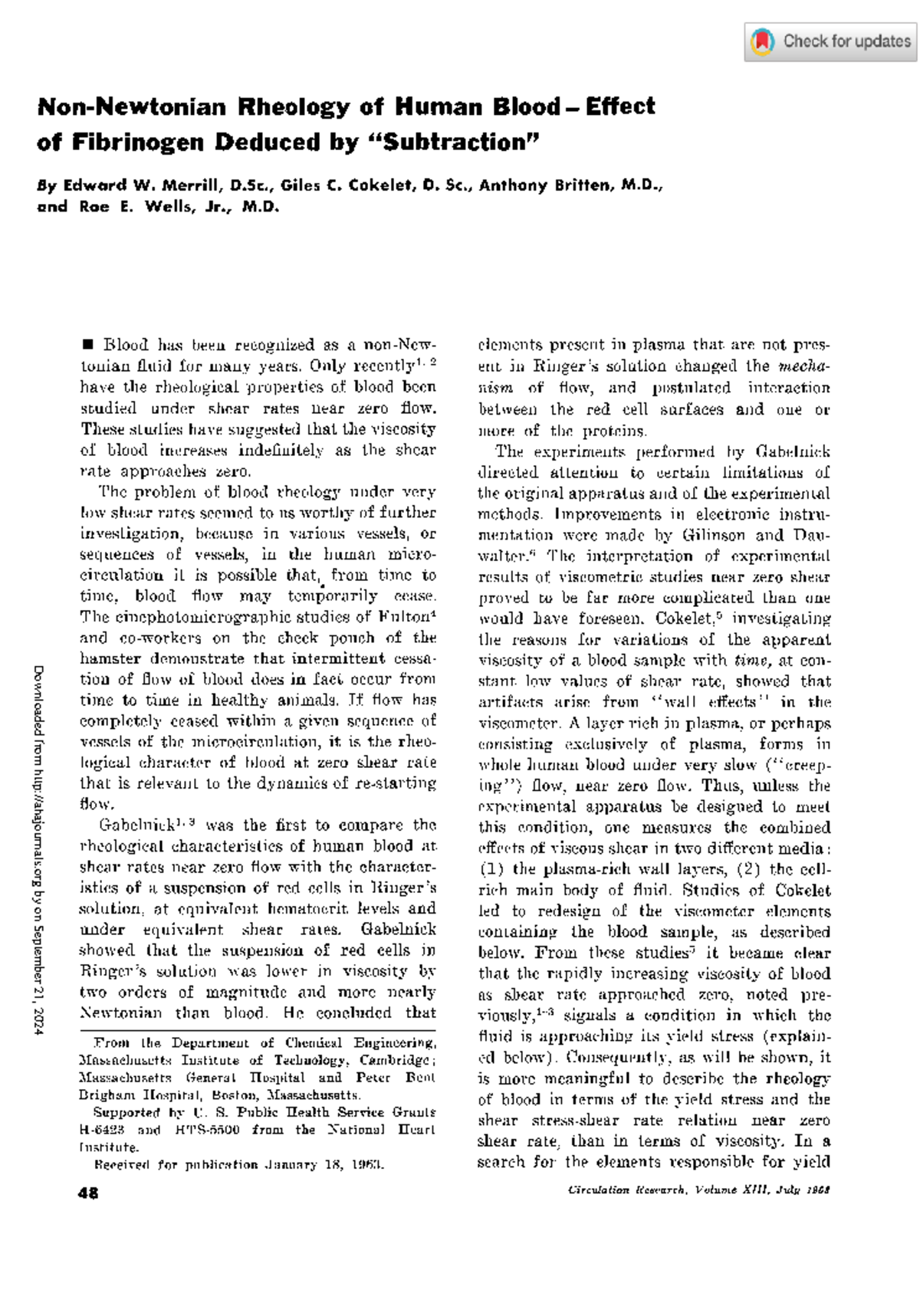 Merrill et al 1963 non newtonian rheology of human blood effect of ...