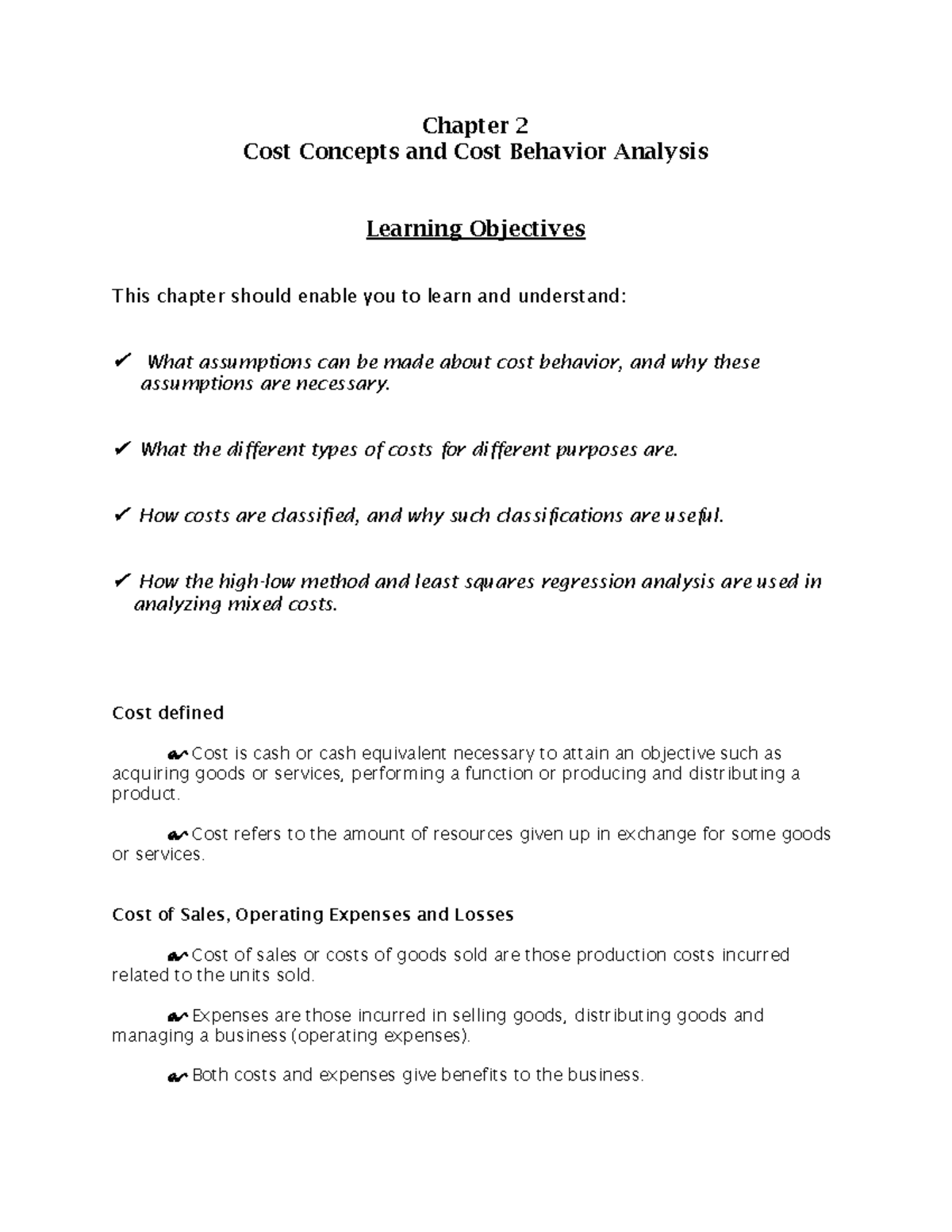 Chapter 2 Cost Concepts and Cost Behavior Analysis Discussion 1 - Chapter 2 Cost Concepts and ...